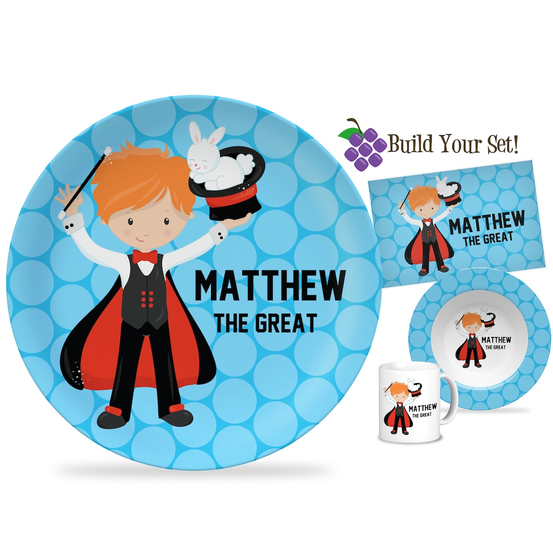 Magician Plate - Blue Polka Dots Magic Bunny Hat Trick Dinnerware Plate ...
