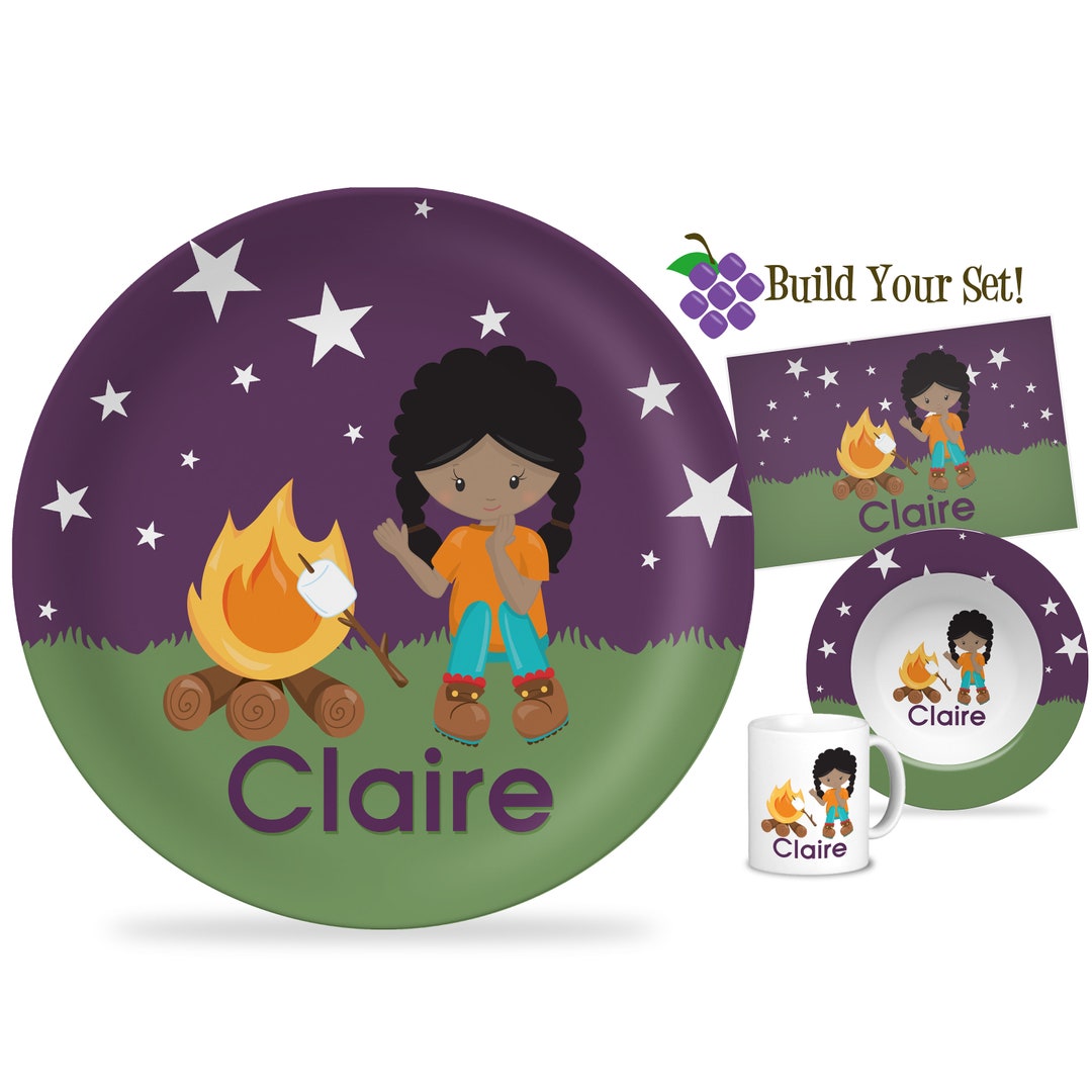 Camping Kids Plate - Under Stars Girls Camping Dinner Plate, Camp Fire ...