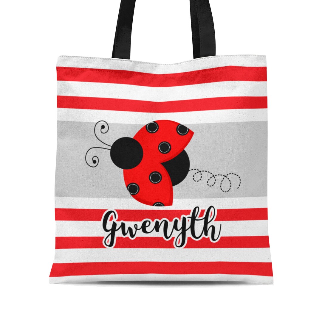 Ladybug Tote Bag Red Gray Stripes Lady Bug Sack, Cute Little Red Baby ...