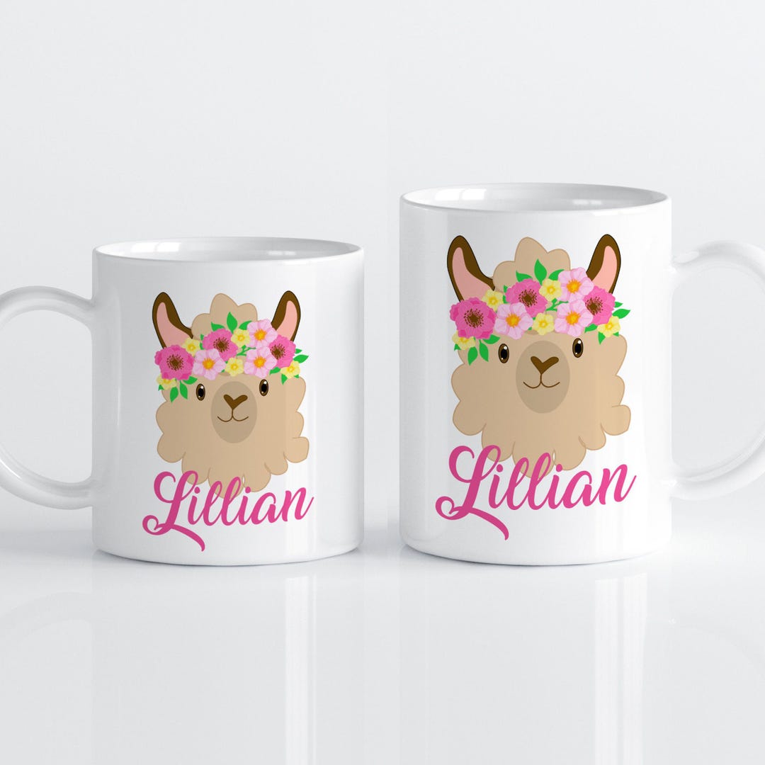 Llama Kids Mug - Pink Flower Llama Drinkware Cup, Llama Alpaca ...