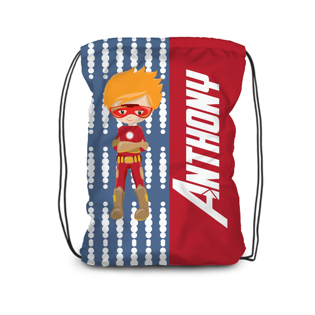 Personalized Superhero Drawstring Backpack Blue Red Gold Super Hero ...