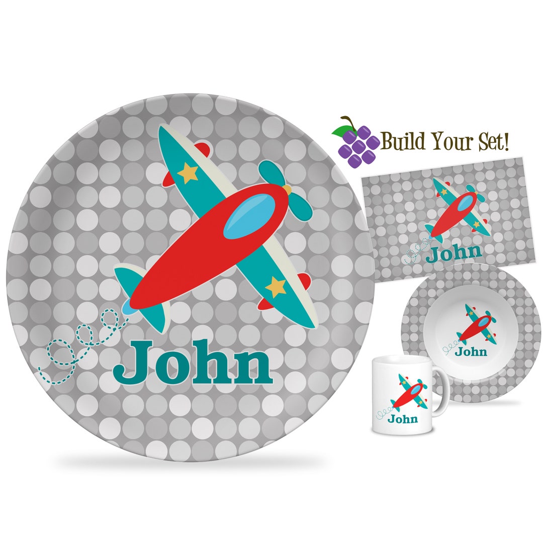 Kids Personalized Airplane Plate - Gray Dots Airplane Pilot Dinner ...