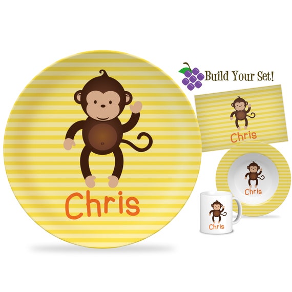 Kids Monkey Plate Banana Yellow Stripes Mod Monkey Dinner - Etsy