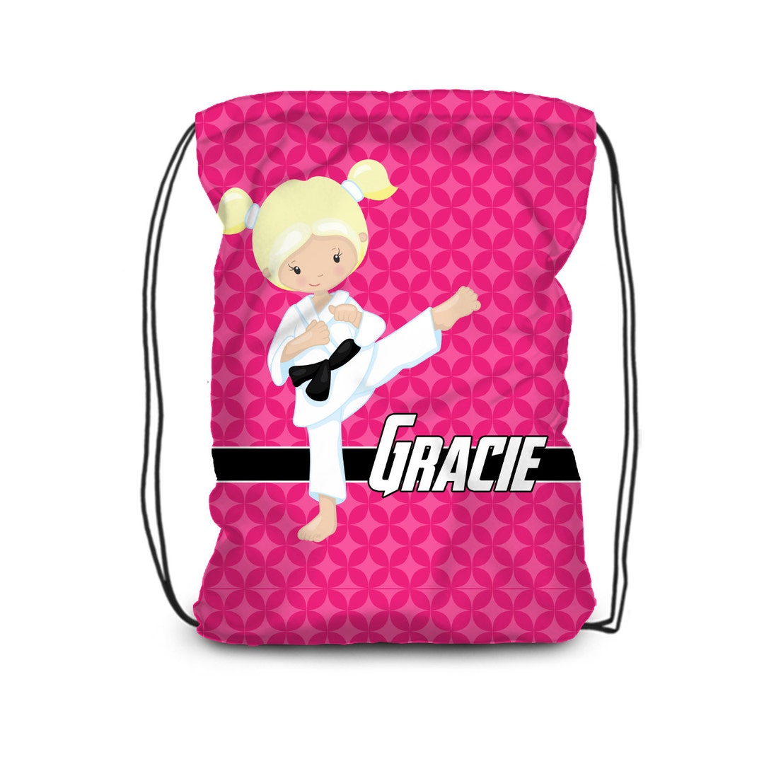 Karate Drawstring Backpack - Hot Pink Stars Black Belt Ninja Cinch Sack ...
