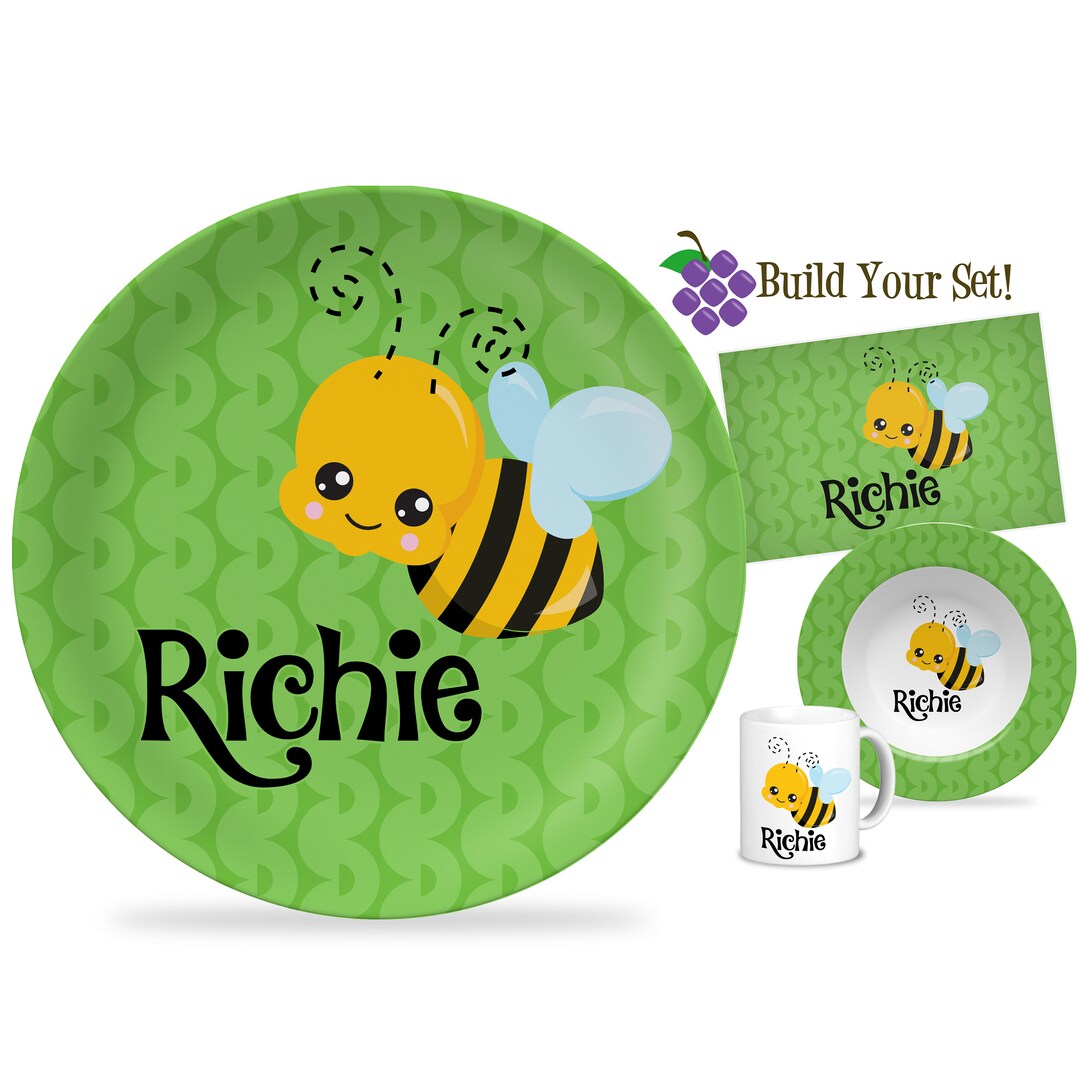 Personalized Honey Bee Plate - Green Geometric Bumble Bee Dinner Plate ...