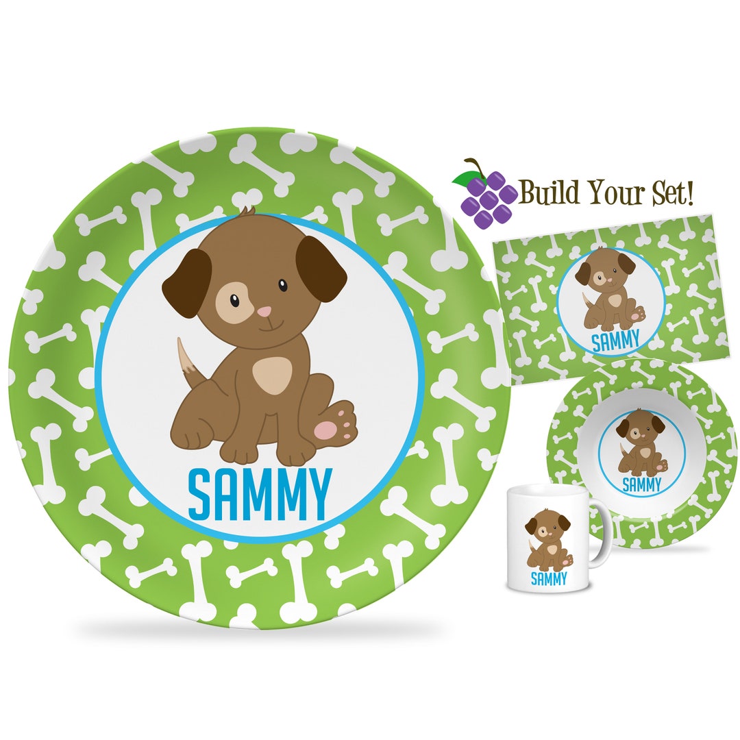 Personalized Puppy Plate - Kids Green Dog Bone Puppy Canine Dinner ...