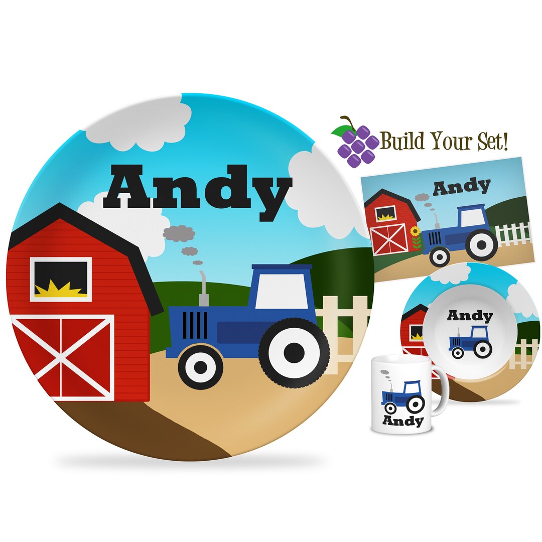 Blue Tractor Plate - Red Barn Farm Tractor Dinner Plate, Blue Farm ...