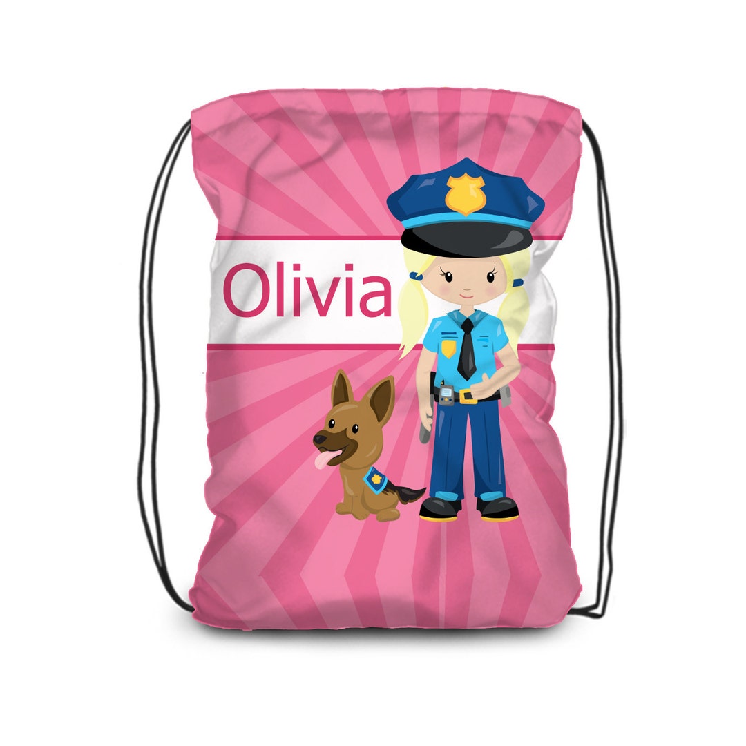 Personalized Police Drawstring Backpack Pink Stripe Police Cinch Sack ...