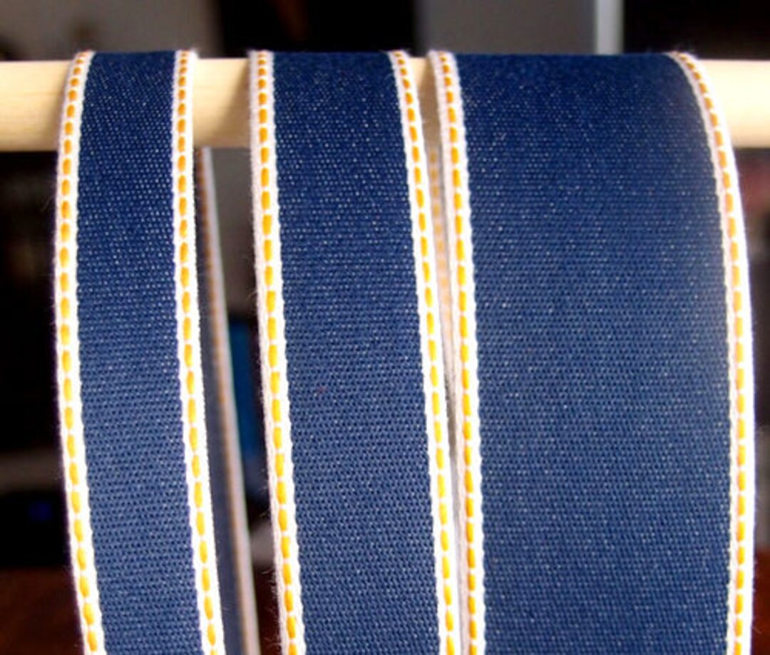 Denim Ribbon Blue With Gold Edge Stitch 25 Yards - Choose Size * Free ...