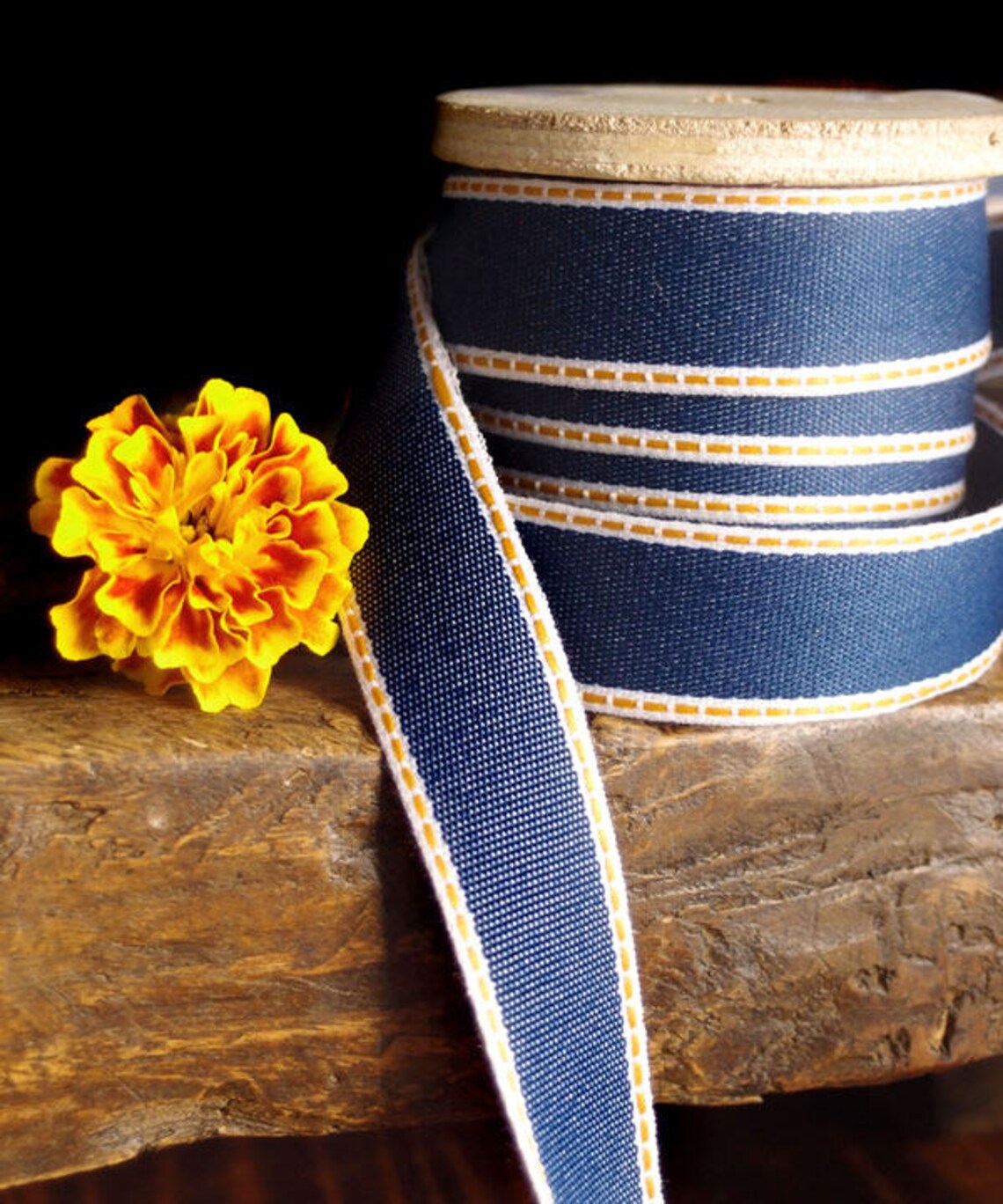 Denim Ribbon Blue With Gold Edge Stitch 25 Yards Choose Size - Etsy