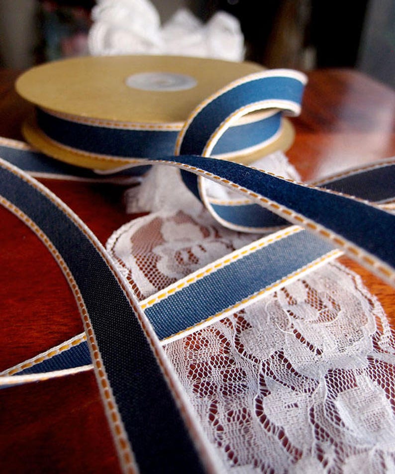 Denim Ribbon Blue With Gold Edge Stitch 25 Yards Choose Size - Etsy