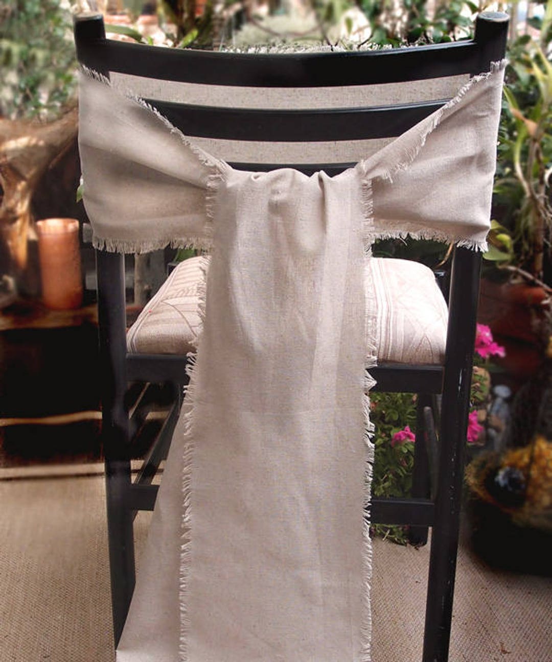 Natural Linen Ribbon Chair Sash, Fringe Edge, Wedding Table Runner ...