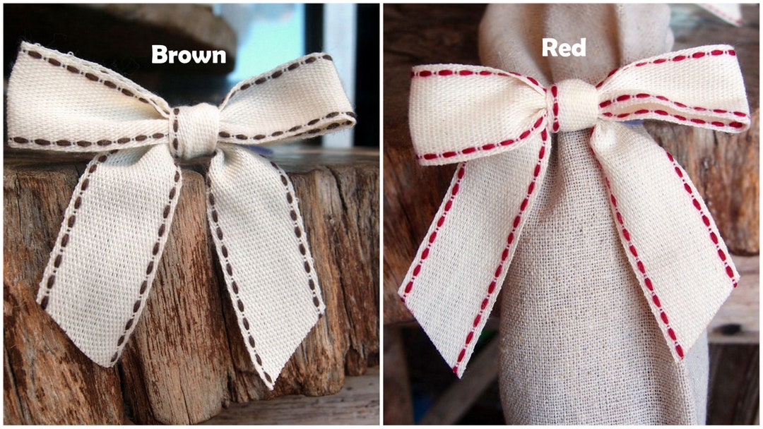 Set of 12 Natural Cream Canvas Pre-tied Bow With Stitching - Choose ...