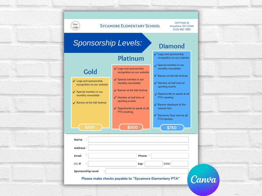 PTA Sponsorship Form, Sponsorship Levels, Sponsorship Menu, PTA Flyer Canva, Pta Forms, Pta ...