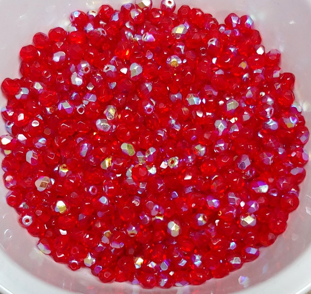 4mm Fire Polish Red AB, Czech Glass Faceted Round Bead, 90080-28701-50 ...