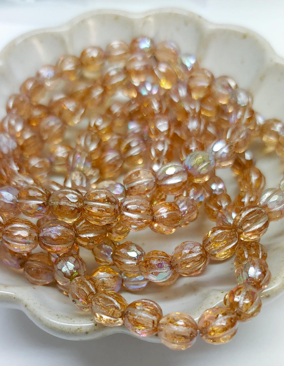 6mm Faceted Melon Peach W/ab Finish & Metallic Beige Wash-25 Beads - Etsy