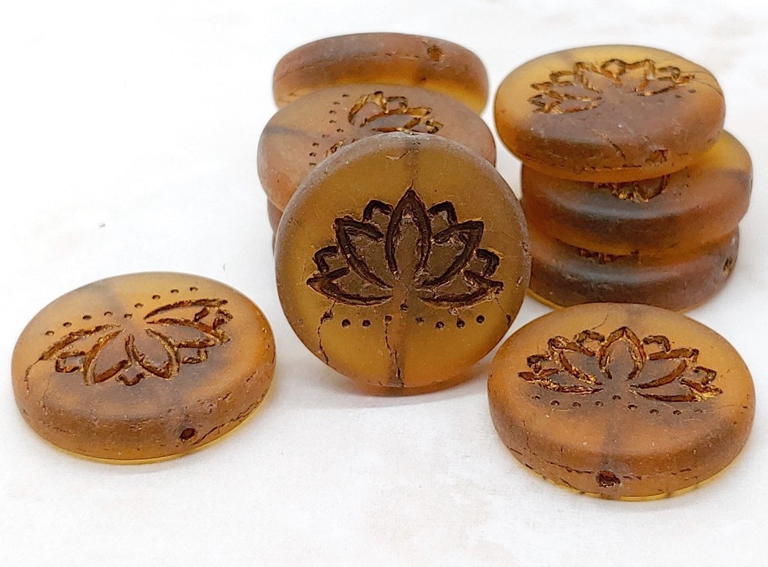 Lotus Flower Amber With Bronze Wash, 18mm Coin Czech Glass, Choose Your ...