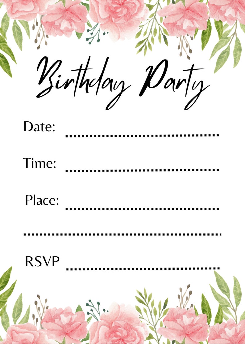 Birthday Party Invite Digital Download Floral Invitation 5x7 Fillable ...