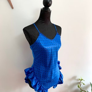 BETTYE - Vintage Satin Teddy, Royal Blue With Black Polka Dots, Ruffled ...