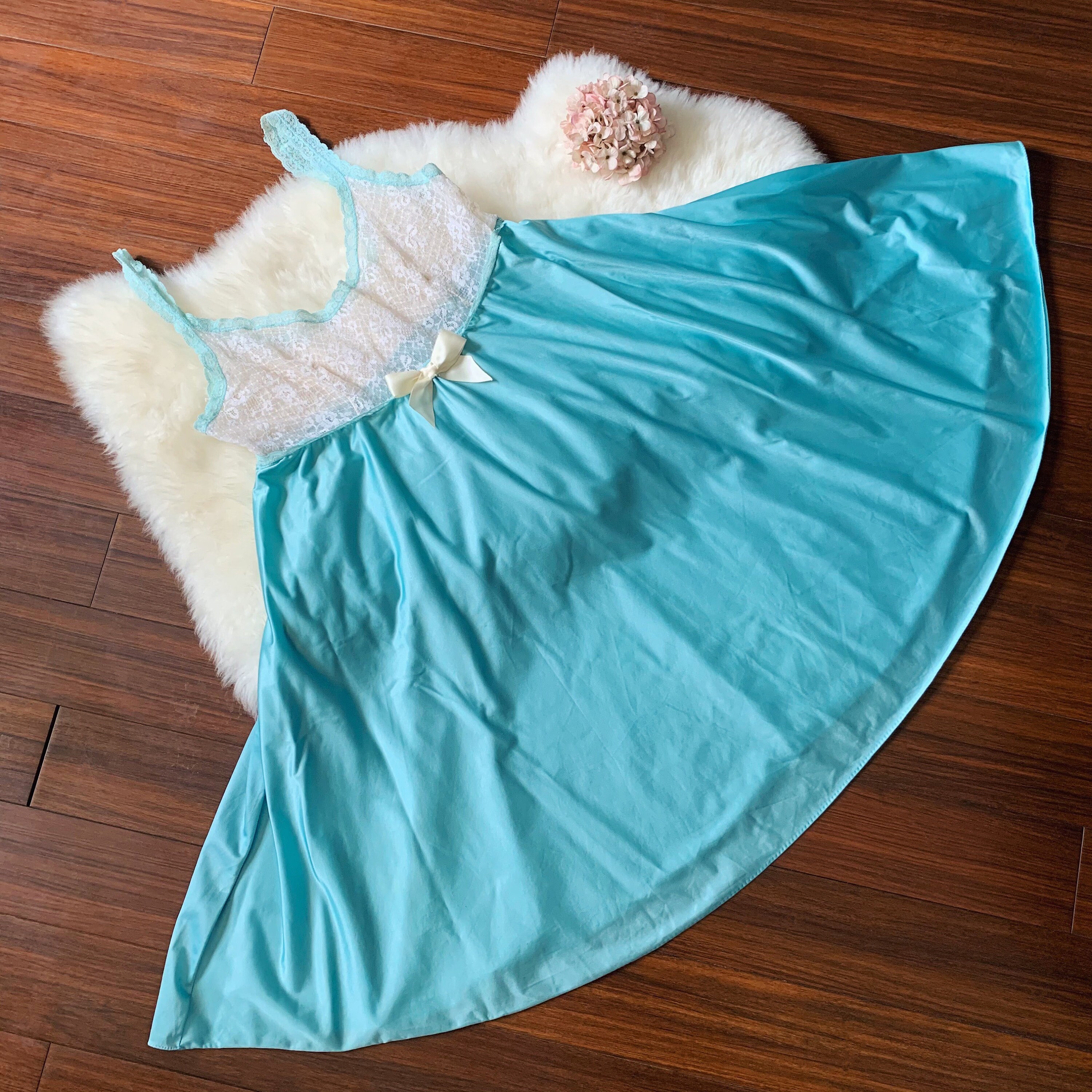 GINGER - Vintage Turquoise Babydoll, Aqua Satin, Sheer Cream Lace ...