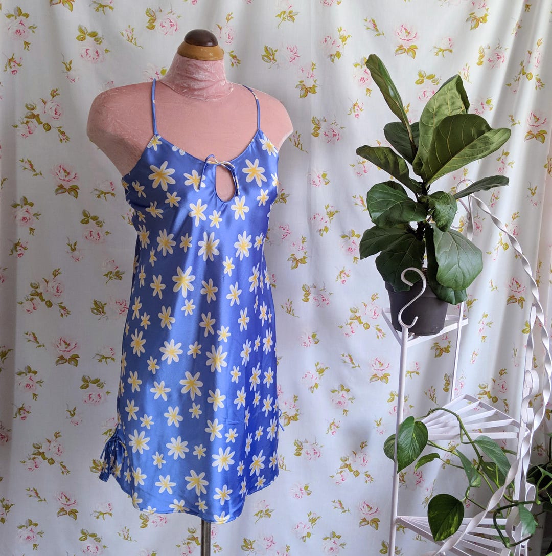 DORA - Vintage Daisy Mini Dress, Slinky Satin Nightie, Grunge Floral ...