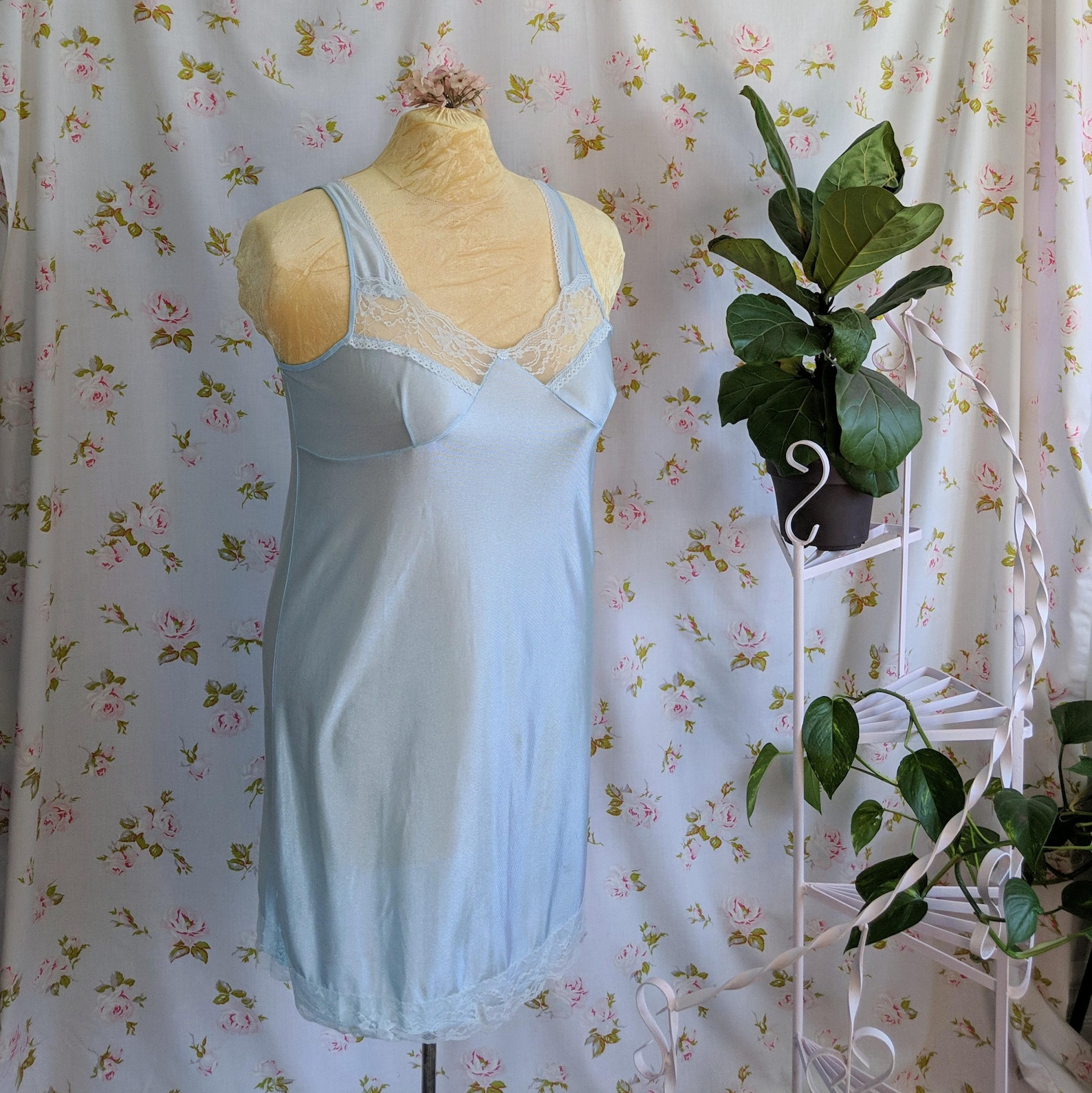 ALBERTA - Vintage Slinky Nylon Full Slip, Pastel Baby Blue Dress Slip ...
