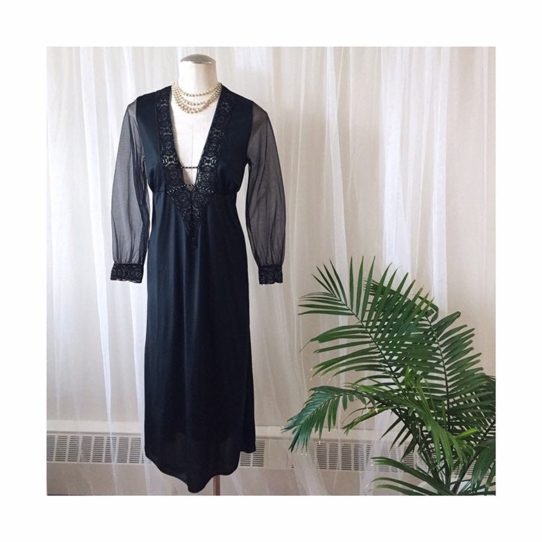 JAYNE - Vintage Inky Black Negligee, Deep V Nightgown With Sheer ...