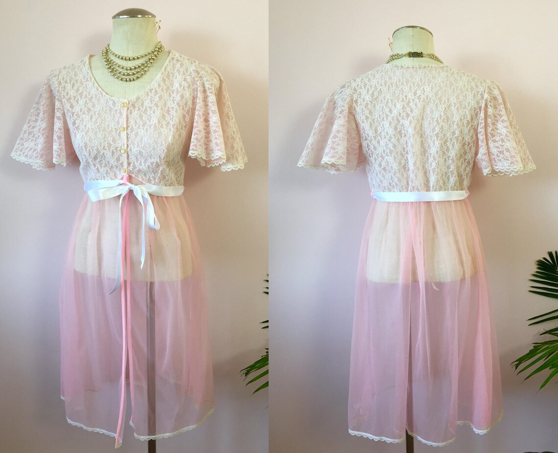 SABRINA Vintage Pink Peignoir Set Fitted Nightie Flutter - Etsy Canada