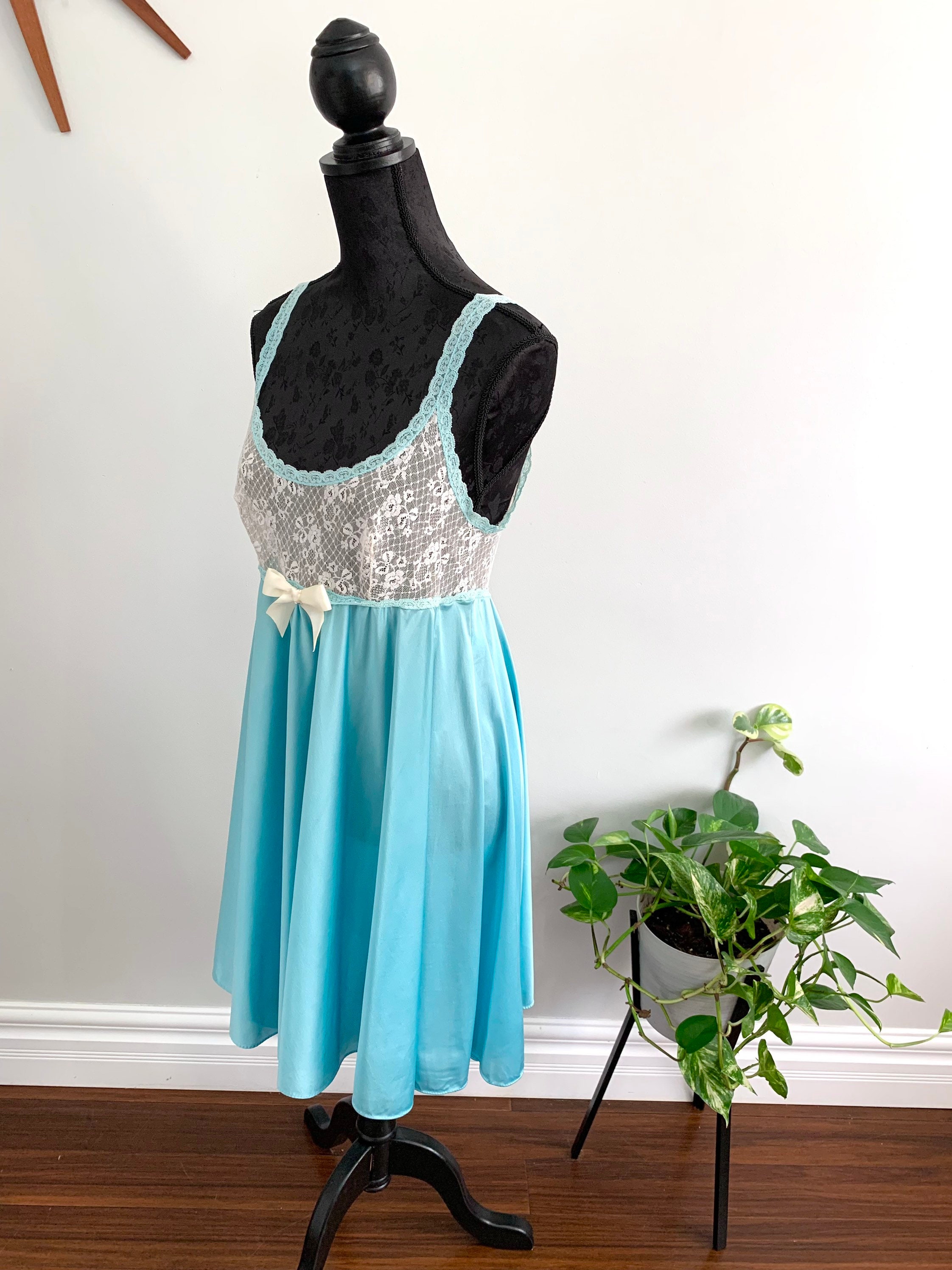 GINGER - Vintage Turquoise Babydoll, Aqua Satin, Sheer Cream Lace ...