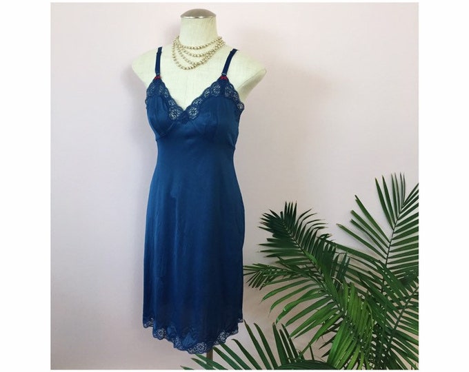 MERCEDES - Vintage Navy Full Slip, Dark Blue Satin Nylon Slip, Red Bows ...
