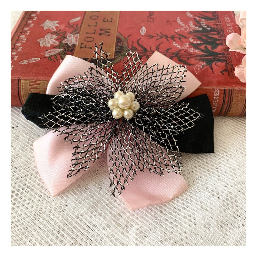 VINTAGE HAIR BOW - Mid-century Pink Ribbon Barette, Inky Black ...