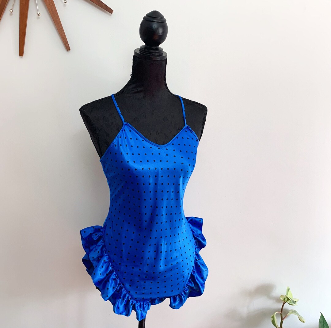 BETTYE - Vintage Satin Teddy, Royal Blue With Black Polka Dots, Ruffled ...