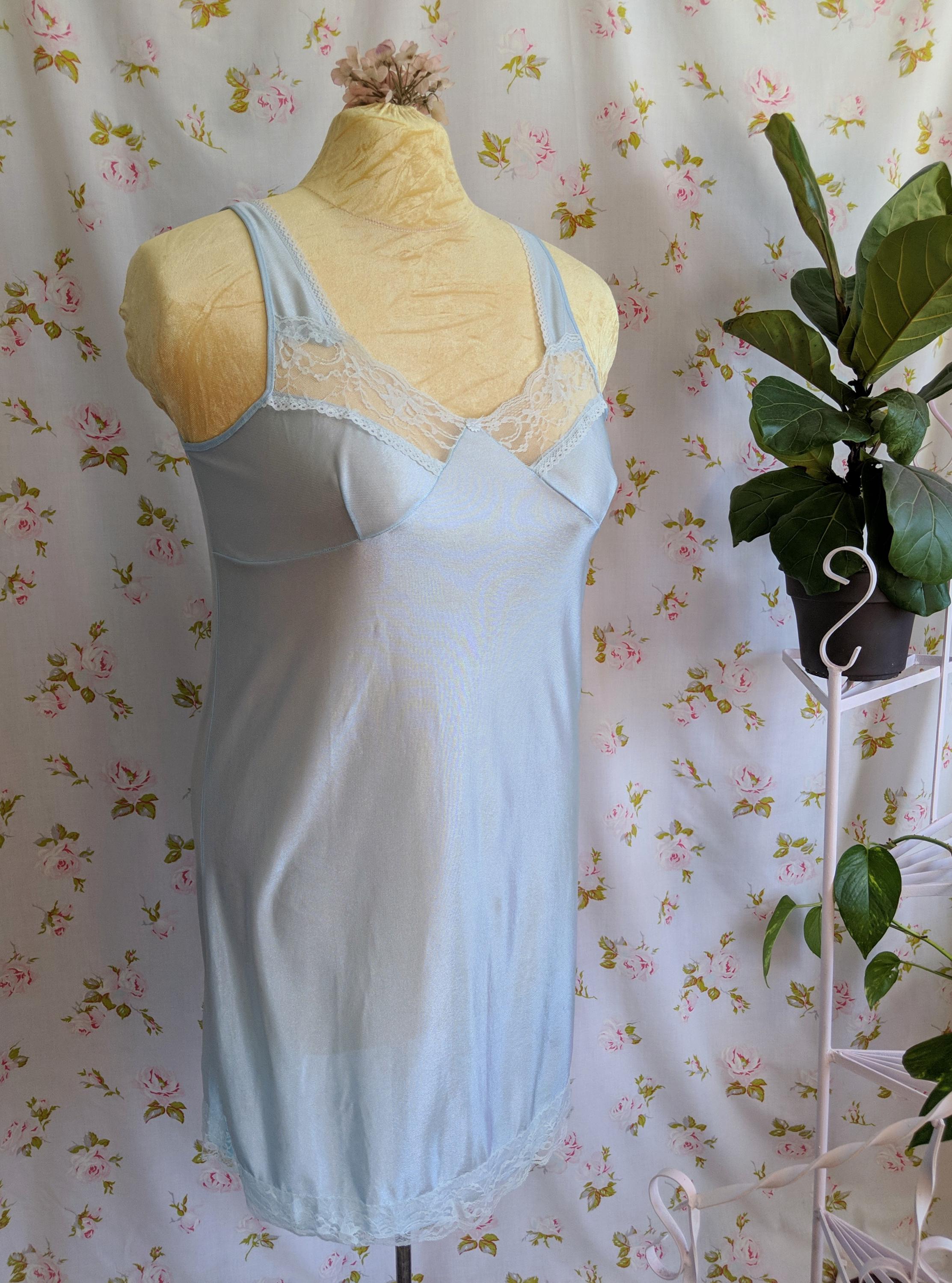 ALBERTA - Vintage Slinky Nylon Full Slip, Pastel Baby Blue Dress Slip ...