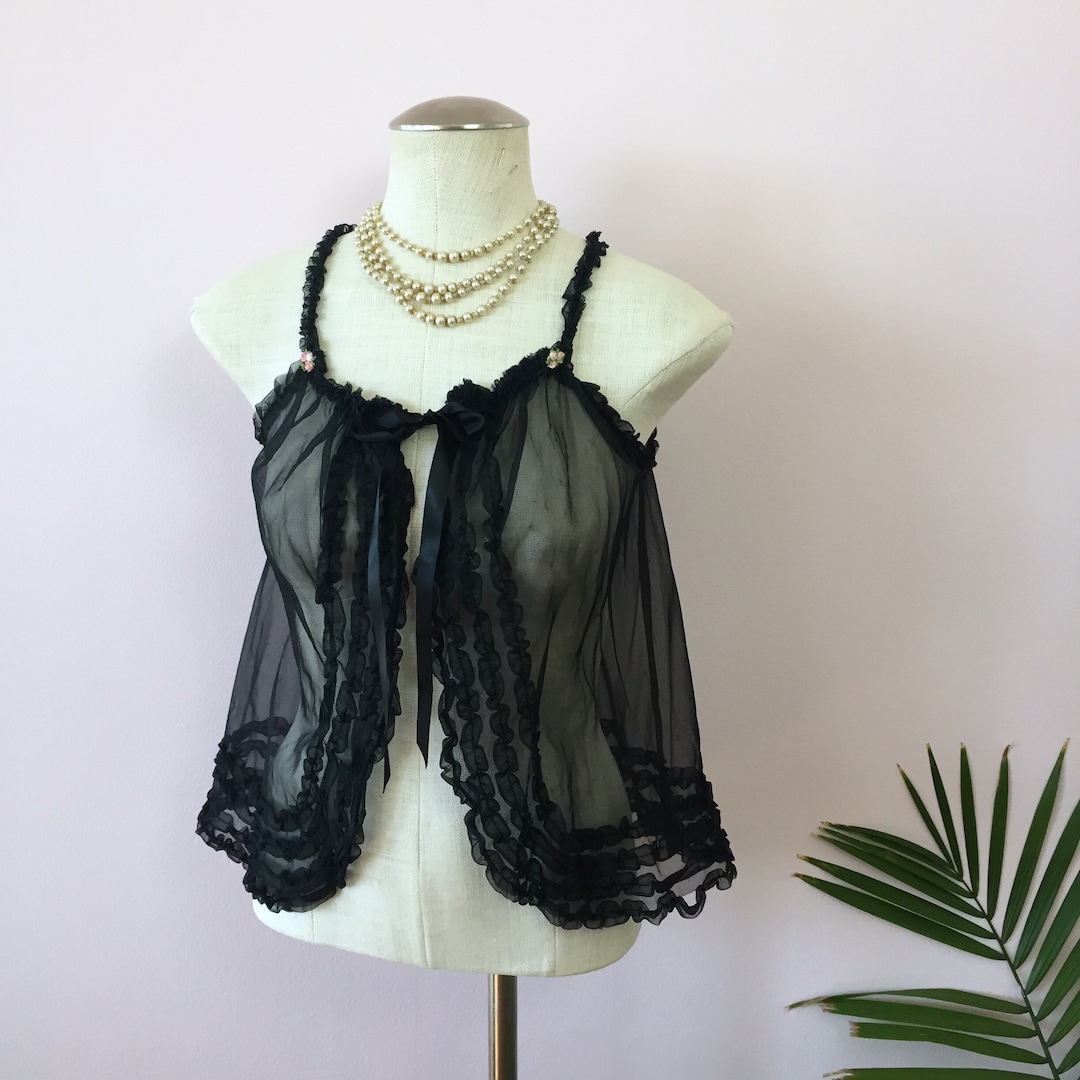 VIVIEN - Vintage Inky Black Ruffled Negligee, Sheer Babydoll Robe, Mid ...
