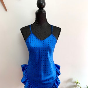 BETTYE - Vintage Satin Teddy, Royal Blue With Black Polka Dots, Ruffled ...