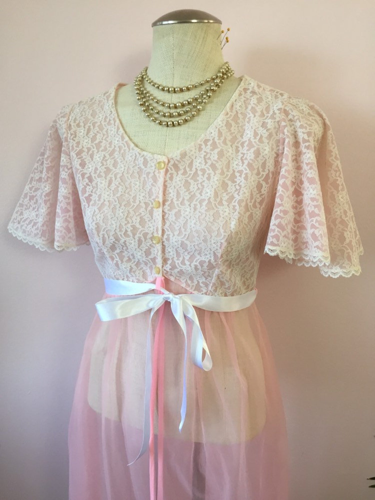 SABRINA Vintage Pink Peignoir Set Fitted Nightie Flutter - Etsy Canada