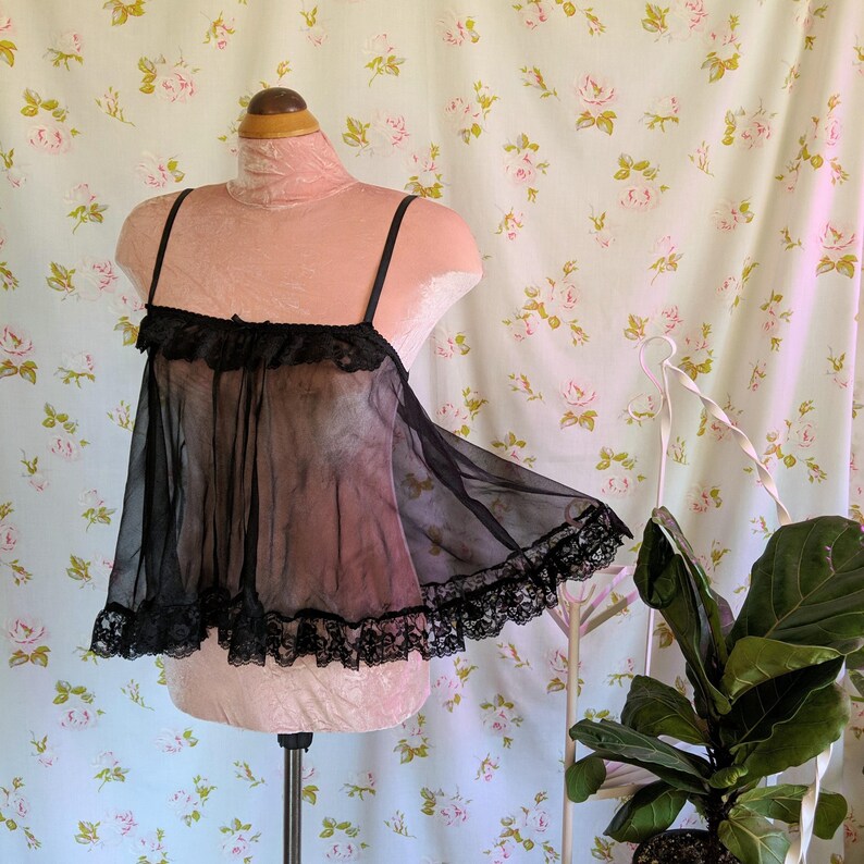 BLAZE - Vintage Sheer Babydoll, Inky Black Nylon Trapeze Top, See ...