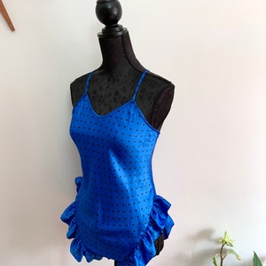 BETTYE - Vintage Satin Teddy, Royal Blue With Black Polka Dots, Ruffled ...