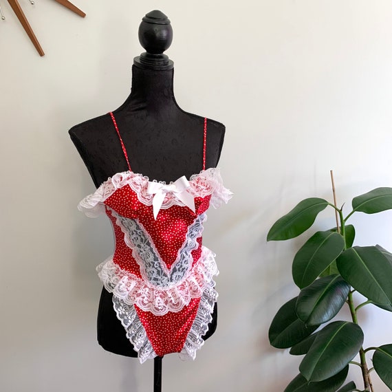 DOLORES - vintage polka dot satin lacy teddy, retro 8… - Gem