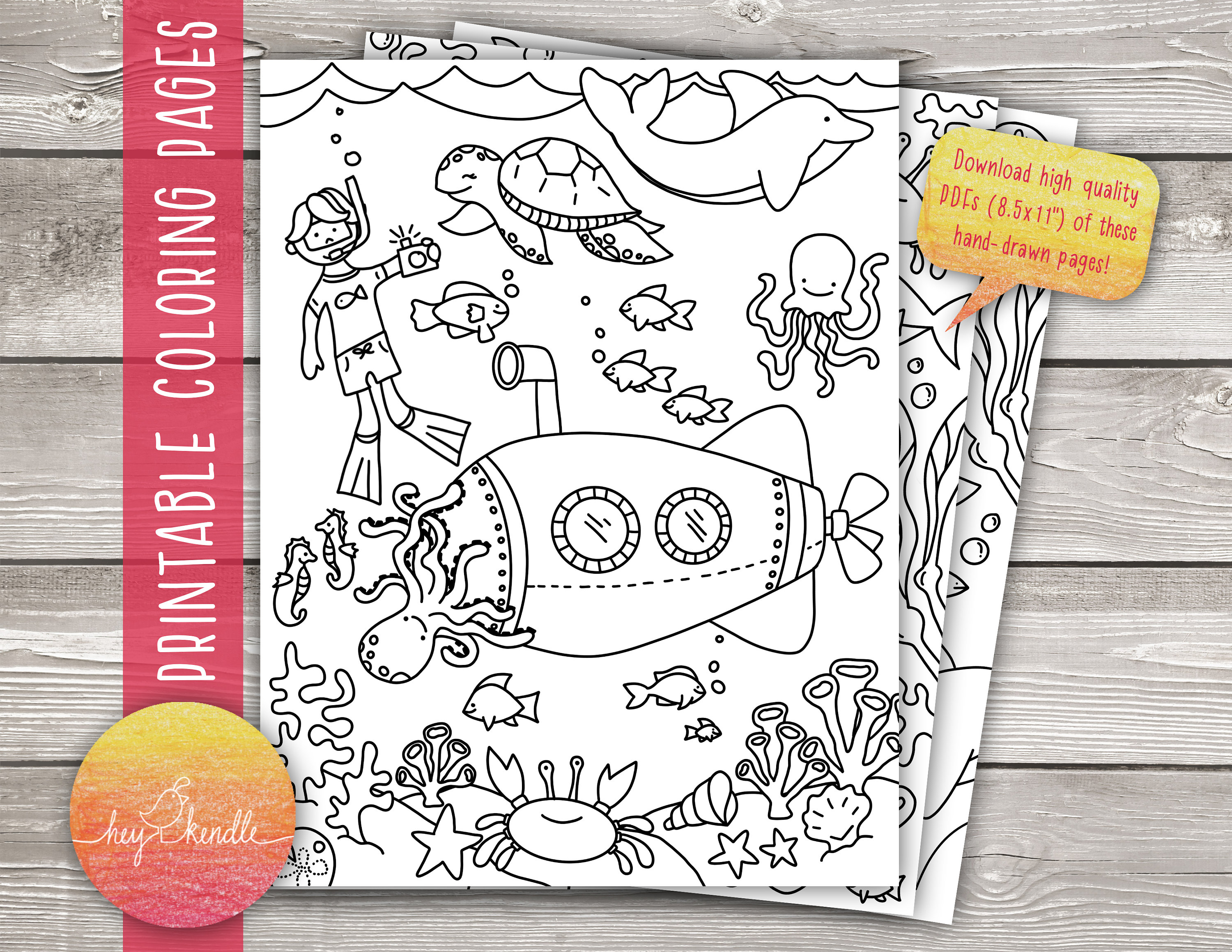 Ocean Fun Coloring Pages (3 Pages) - Snorkeling, Submarine, Marine ...
