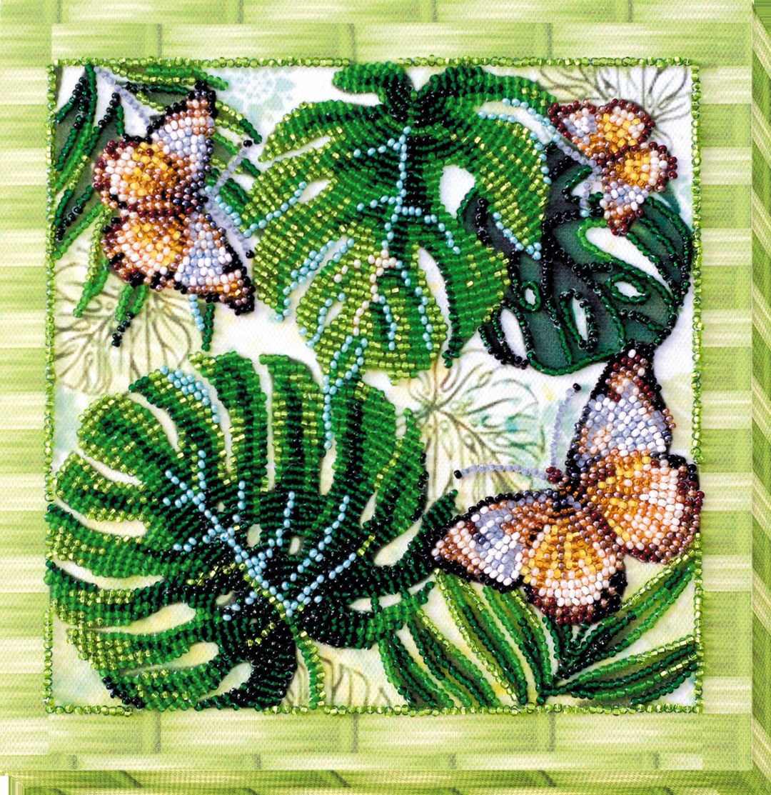 Montserrat Green Leaves Beaded Set, Monstera Pattern With Butterfly ...