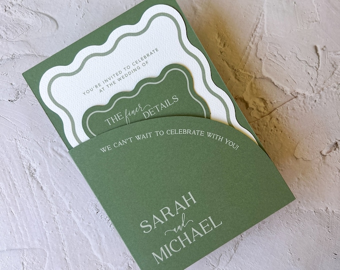 Arch Pocket Layered Modern Wave Wedding Invitation Set in Sage Green ...