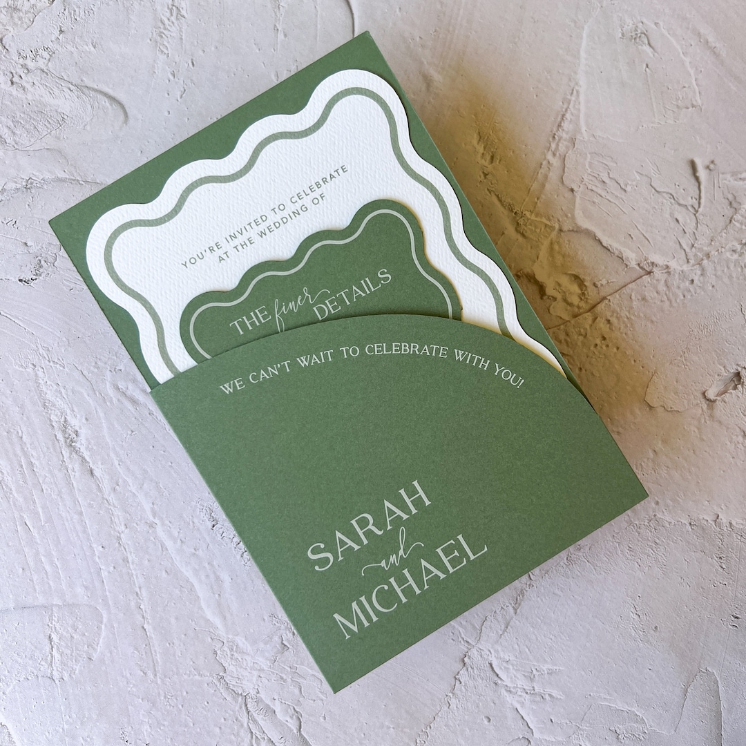 Arch Pocket Layered Modern Wave Wedding Invitation Set in Sage Green ...