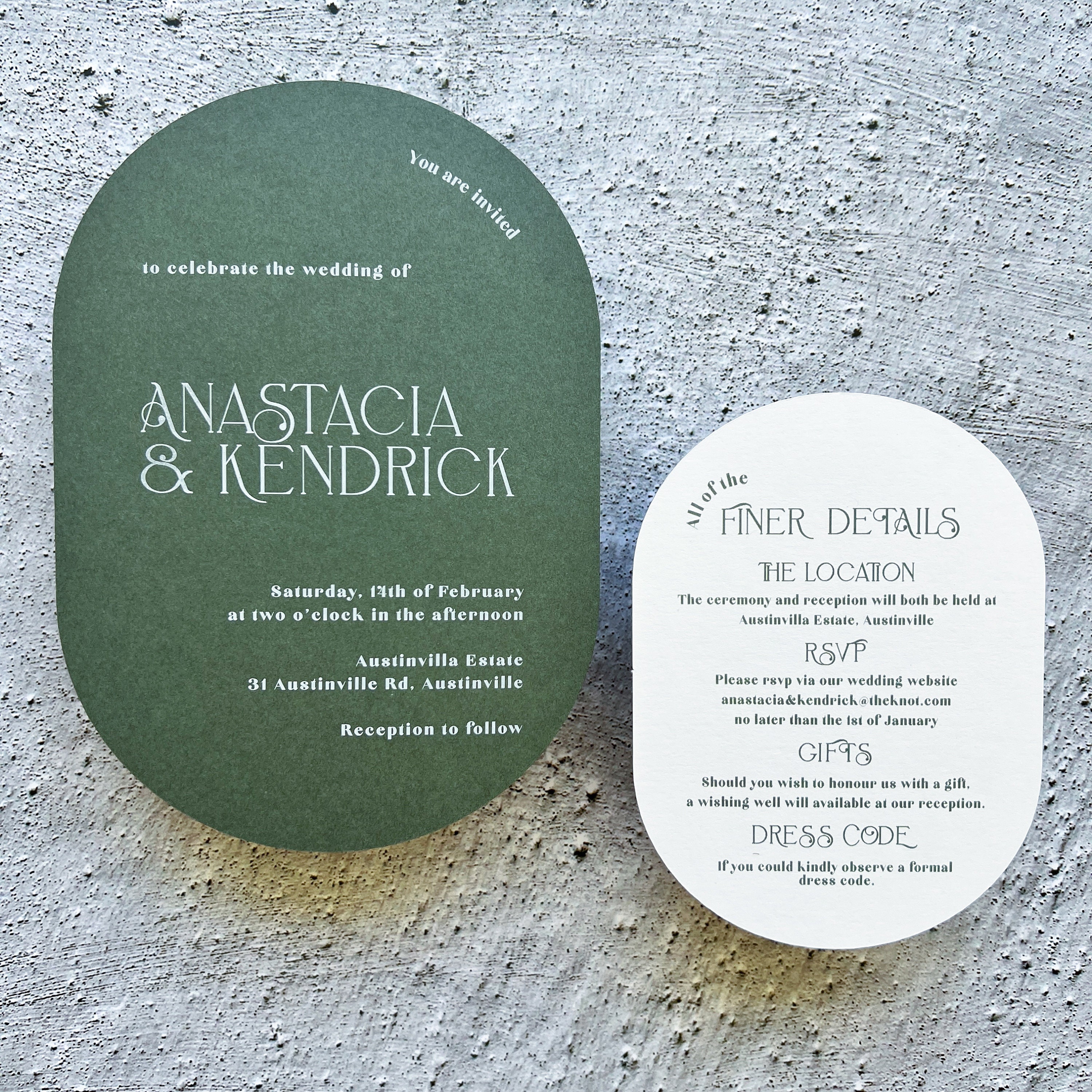 Oval or Arch Shape Modern Wedding Invitation Set in Green , Printed ...