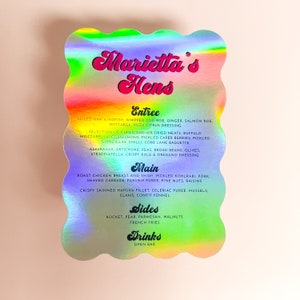 Wave Shape Menu Printed on Holographic Rainbow Card, Hen's Party ...