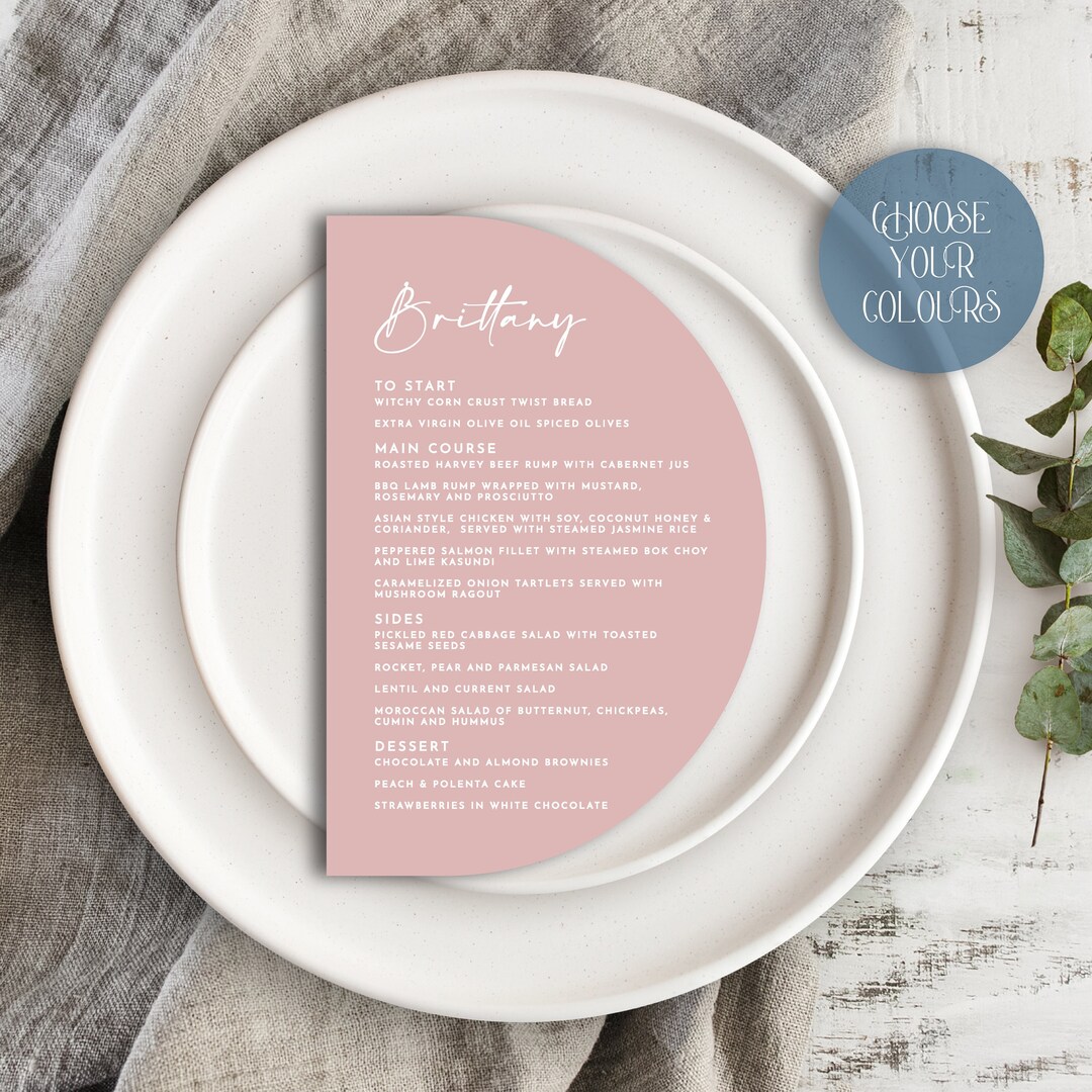 Wedding Menu Cards Printed Semi-circle Die Cut Shape, With Guests Names ...