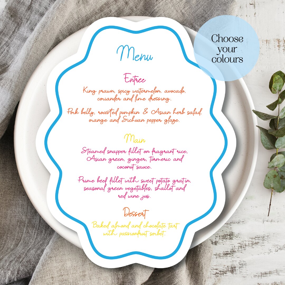 Printed Wavy Oval Shaped Wedding Menus, Blue, Sage Green, Dusty Pink ...