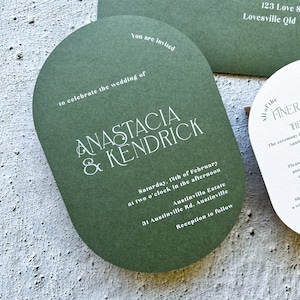 Oval or Arch Shape Modern Wedding Invitation Set in Green , Printed ...