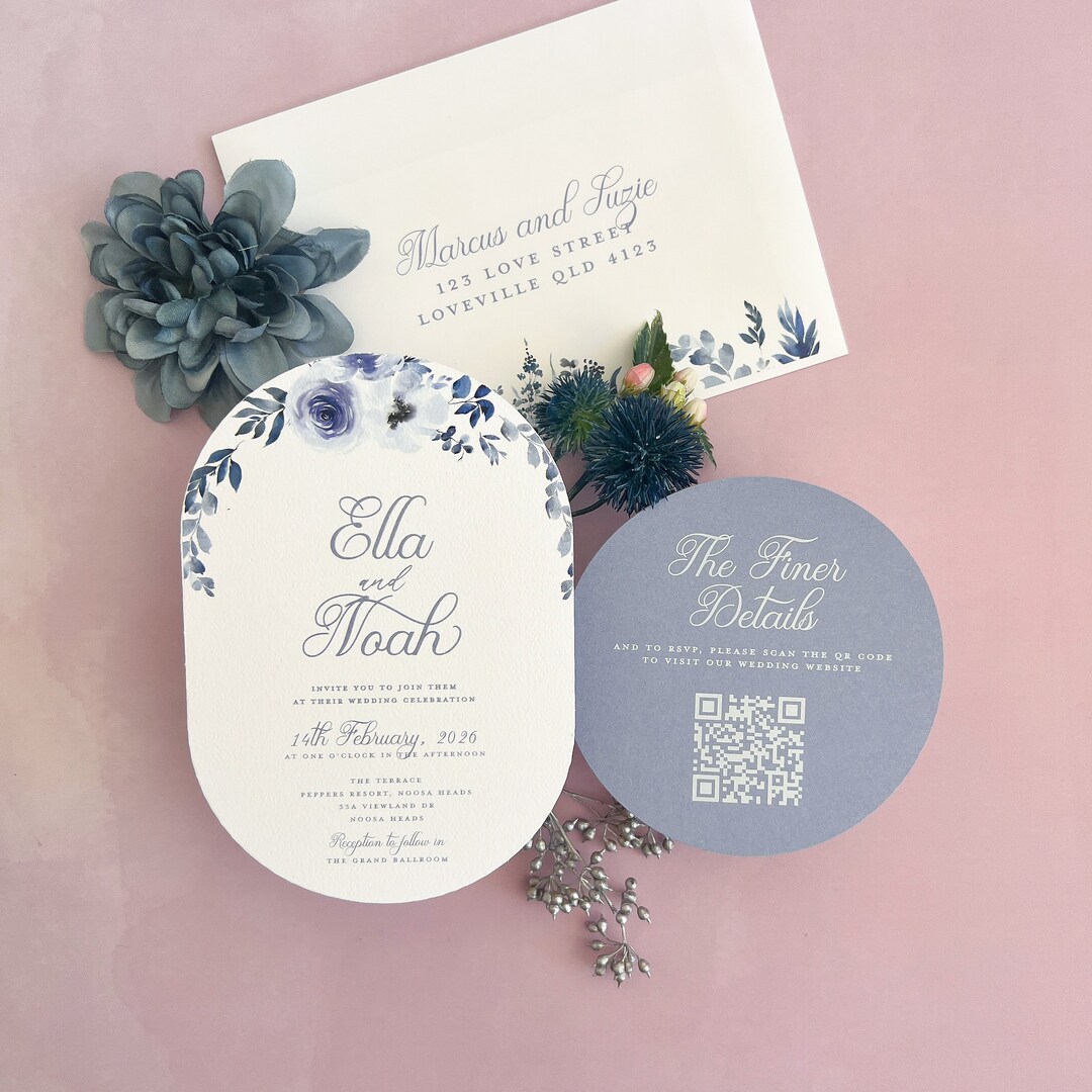 Dusty Blue Flower Wedding Invitation Set, Oval Die Cut Circle Shape ...
