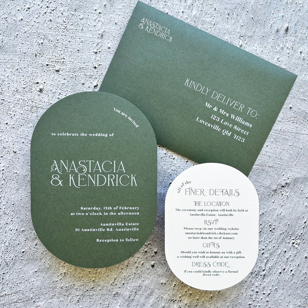 Oval or Arch Shape Modern Wedding Invitation Set in Green , Printed ...